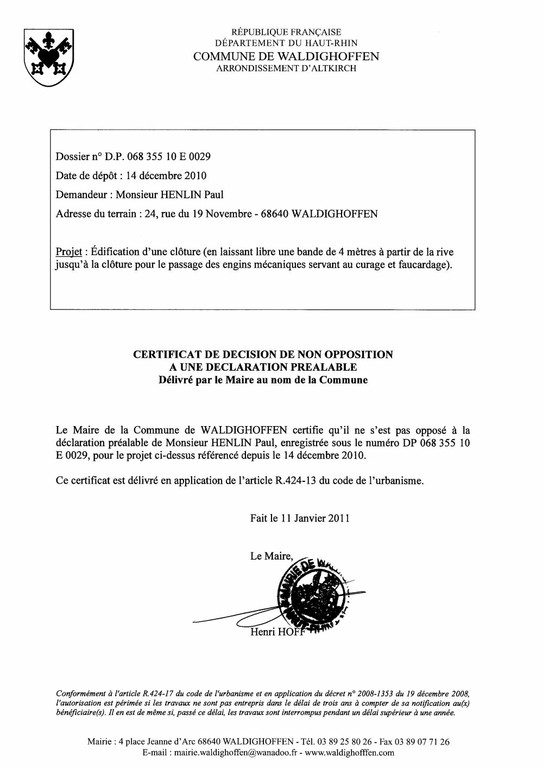 Non-opposition à une déclaration préalable - DP10E0029 - M. HENLIN ... Non-opposition à une déclaration préalable - DP10E0029 - M. HENLIN ...